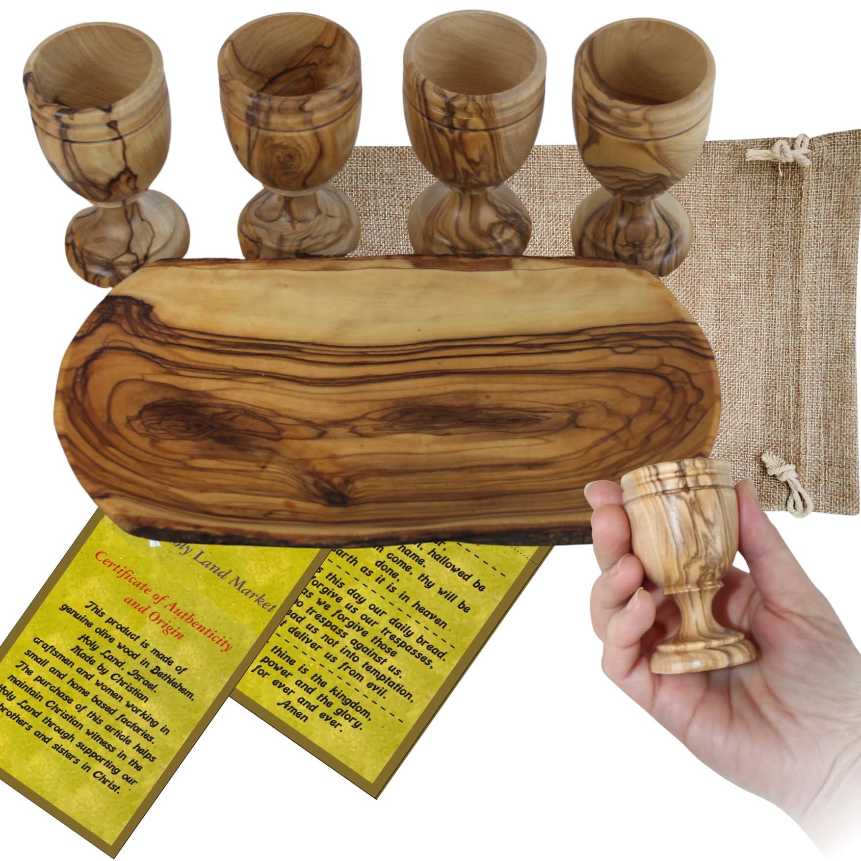 Holy Land Market 4 Medium Olive Wood Communion Cups & Plate Set KIddus