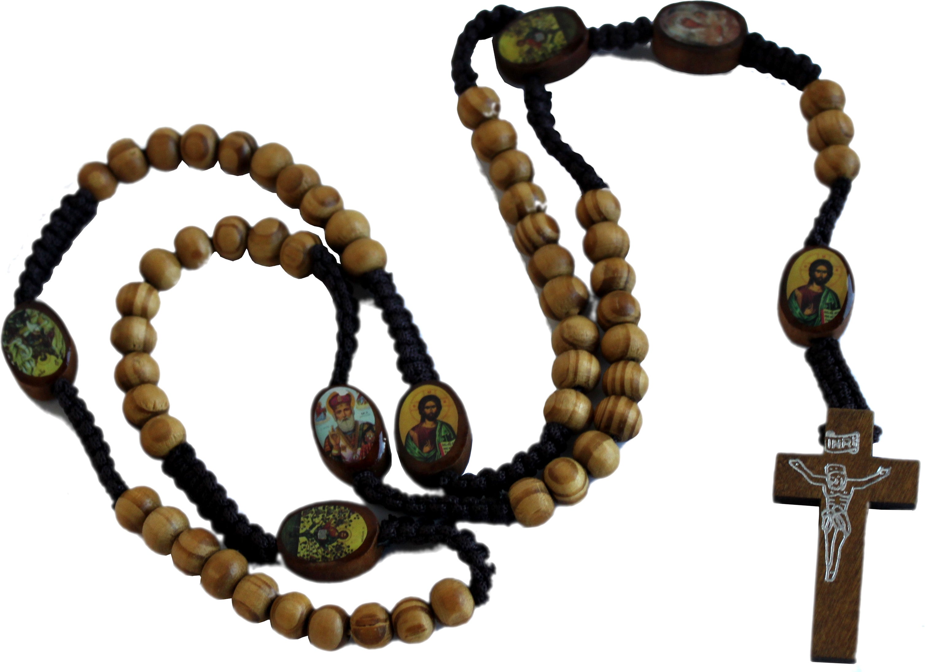 Tan Wooden Beads Rosary with Enamelled Icons Beads with Jesus Imprint